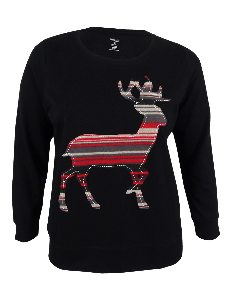 Style&co. Women Long Sleeve Black Reindeer Sweatshirt Blouse Top Plus ...